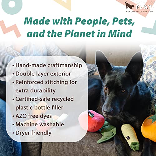 P.L.A.Y. Cute Plush Dog Toys - Fruit & Vegetable Themed Durable Squeaker Chew Toy, Great for Puppies & Small, Medium, Large Dogs - Machine Washable, Recycled Materials (Garden Fresh Peapod, Medium)