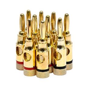 Monoprice 109437 5PRJX74047 Gold Plated Speaker Banana Plugs – 5 Pairs – Open Screw Type, For Speaker Wire, Home Theater, Wall Plates And More