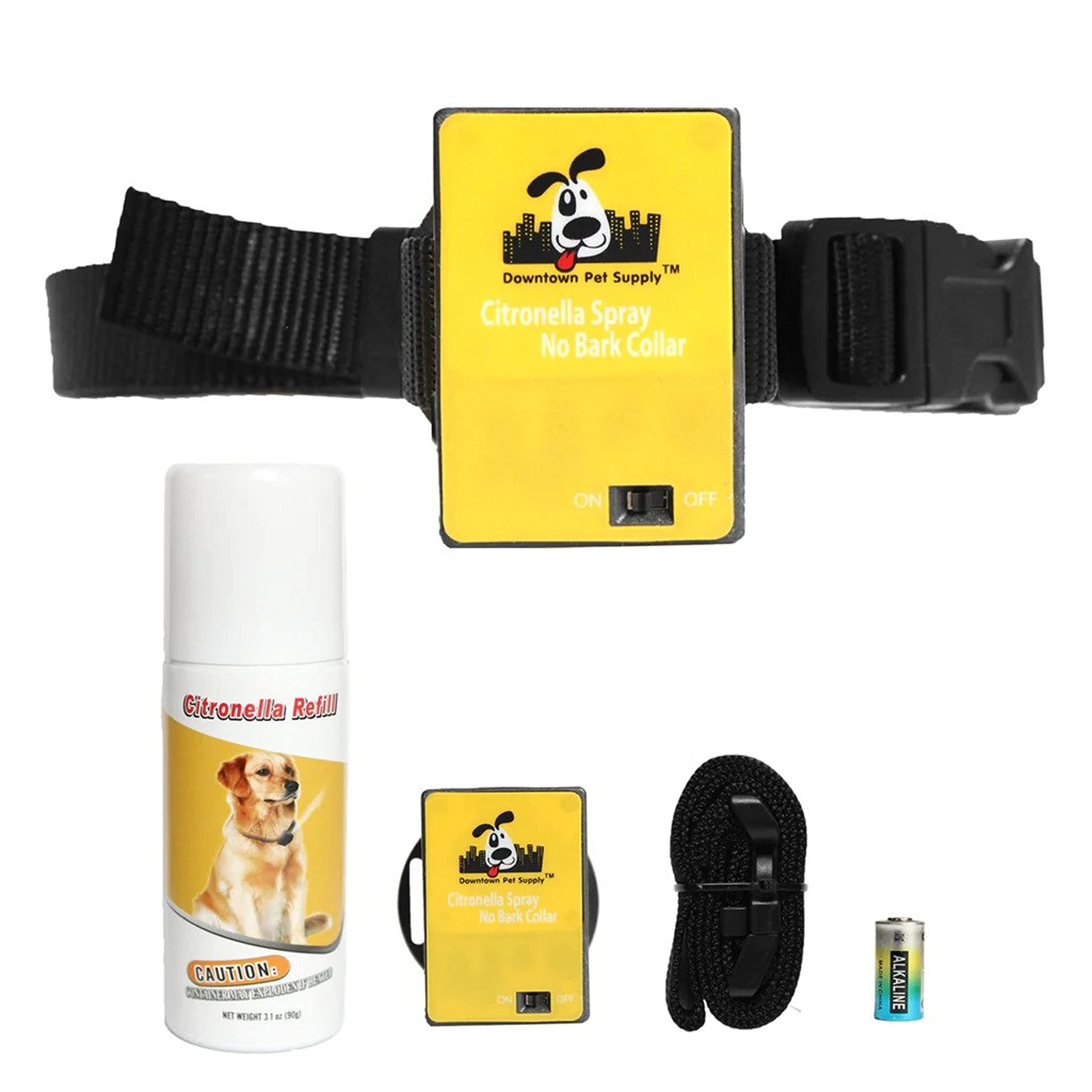 Downtown Pet Supply - Citronella Dog Collar - Humane No Bark Collar Set with Citronella Spray - No-Shock - Collar, Spray Device, Citronella Spray Refill, Battery & Manual - 1 Pack