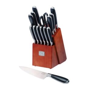 chicago cutlery belden 15 piece premium kitchen knife set with cherry-stain block, stainless steel blades to resist rust, stains, and pitting, knives set for kitchen