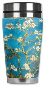 mugzie van gogh almond blossoms travel mug with insulated wetsuit cover, 16 oz, black