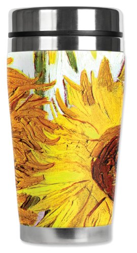 Mugzie Van Gogh Sunflowers Travel Mug with Insulated Wetsuit Cover, 16 oz, Black