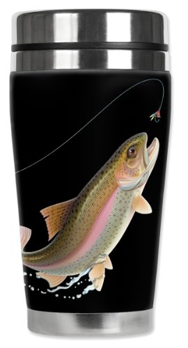 Mugzie Leaping Fish Travel Mug with Insulated Wetsuit Cover, 16 oz, Black