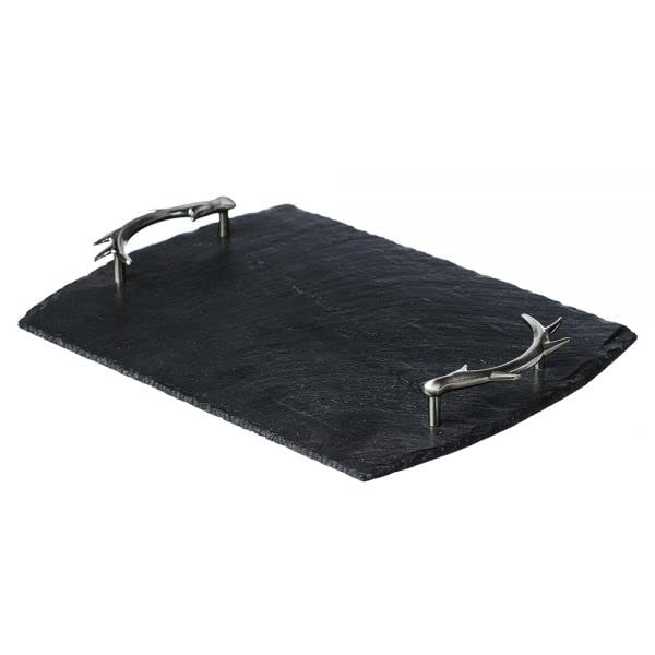 The Just Slate Company Handcrafted Slate Rounded Rectangle Serving Tray, Stainless Steel Antler-Shaped Handles, Medium