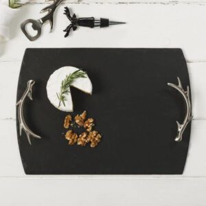 The Just Slate Company Handcrafted Slate Rounded Rectangle Serving Tray, Stainless Steel Antler-Shaped Handles, Medium