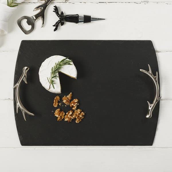 The Just Slate Company Handcrafted Slate Rounded Rectangle Serving Tray, Stainless Steel Antler-Shaped Handles, Medium