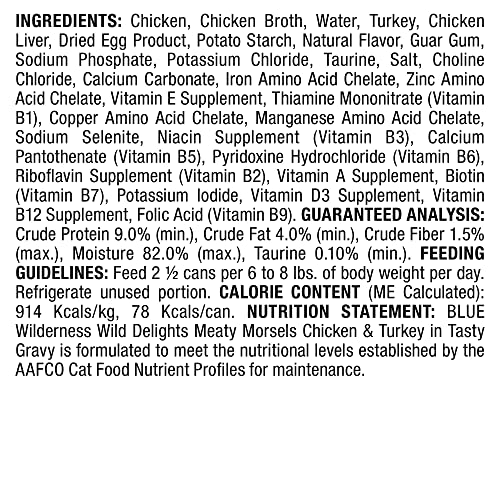 Blue Buffalo Wilderness Wild Delights High Protein Grain Free, Natural Adult Meaty Morsels Wet Cat Food, Chicken & Turkey 3-oz cans (Pack of 24)