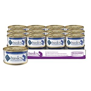 blue buffalo basics skin & stomach care, grain free natural adult pate wet cat food, indoor duck 3-oz cans (pack of 24)