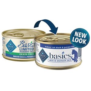 Blue Buffalo Basics Skin & Stomach Care, Grain Free Natural Adult Pate Wet Cat Food, Indoor Duck 3-oz cans (Pack of 24)