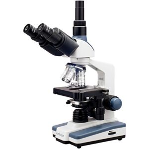 amscope t120c professional siedentopf trinocular compound microscope, 40x-2500x magnification, wf10x and wf25x eyepieces, brightfield, led illumination, abbe condenser with iris diaphragm, double-layer mechanical stage, 100-240vac