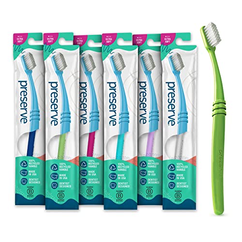 Preserve Eco Friendly Adult Toothbrushes, Made in The USA from Recycled Plastic, Lightweight Paper Packaging, Ultra Soft Bristles, Colors Vary, 6 Pack