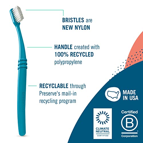 Preserve Eco Friendly Adult Toothbrushes, Made in The USA from Recycled Plastic, Lightweight Paper Packaging, Ultra Soft Bristles, Colors Vary, 6 Pack