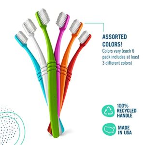 Preserve Eco Friendly Adult Toothbrushes, Made in The USA from Recycled Plastic, Lightweight Paper Packaging, Ultra Soft Bristles, Colors Vary, 6 Pack