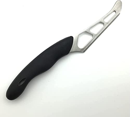 Model 1504 CUTCO Cheese Knife w/ 5.5" Micro-D® serrated edge blade & 5" black Soft Comfort-grip handle. Holes on blade’s surface helps cheese fall away during cutting.