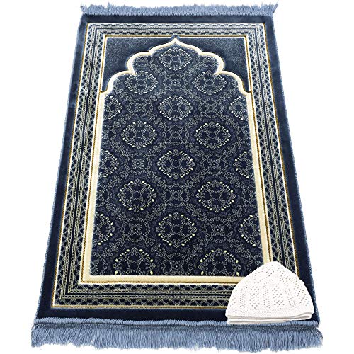 Modefa Turkish Islamic Prayer Rug - Soft Velvet Janamaz Praying Carpet - Comfortable Muslim Praying Mat for Men & Women - Ramadan or Eid Gift - with Kufi Prayer Cap - Elegant Swirl (Blue)