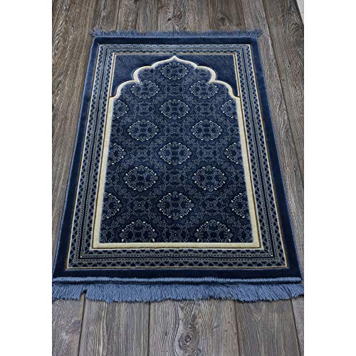 Modefa Turkish Islamic Prayer Rug - Soft Velvet Janamaz Praying Carpet - Comfortable Muslim Praying Mat for Men & Women - Ramadan or Eid Gift - with Kufi Prayer Cap - Elegant Swirl (Blue)