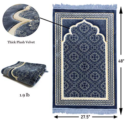 Modefa Turkish Islamic Prayer Rug - Soft Velvet Janamaz Praying Carpet - Comfortable Muslim Praying Mat for Men & Women - Ramadan or Eid Gift - with Kufi Prayer Cap - Elegant Swirl (Blue)