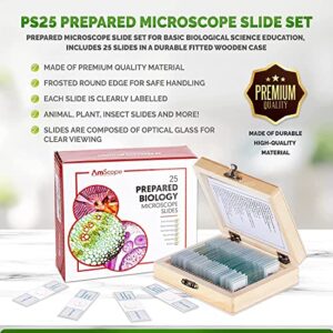 AmScope PS25W Prepared Microscope Slide Set for Basic Biological Science Education, 25 Slides, Includes Fitted Wooden Case