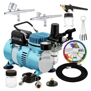 master airbrush cool runner ii dual fan air compressor professional airbrushing system kit with 3 airbrushes, gravity and siphon feed - holder, color mixing wheel, cleaning brush set, how-to guide