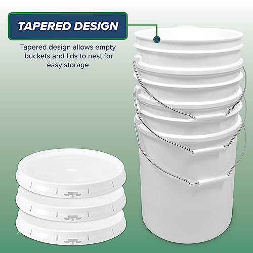 5 Gallon White Bucket & Lid - Durable 90 Mil All Purpose Pail - Food Grade - BPA Free Plasti (5 Gal. w/Lids - 3pk)