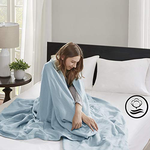 Madison Park Liquid Cotton Luxury Blanket Premium Soft Cozy 100% Ring Spun Cotton For Bed , Couch or Sofa, Twin, Light Blue