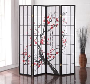 roundhill furniture black japanese 4-panel screen room divider, plum blossom