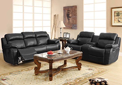 Homelegance Marille Reclining Sofa w/ Center Console Cup Holder, Black Bonded Leather