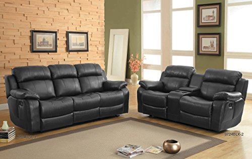 Homelegance Marille Reclining Sofa w/ Center Console Cup Holder, Black Bonded Leather