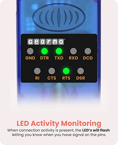 Gearmo USB to Serial RS-232 Adapter with LED Indicators, FTDI Chipset, Supports Windows 11/10/8.1/8/7/, Mac OS X 10.6 and Above