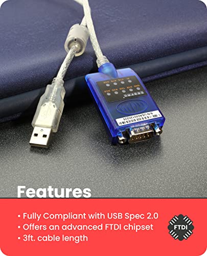 Gearmo USB to Serial RS-232 Adapter with LED Indicators, FTDI Chipset, Supports Windows 11/10/8.1/8/7/, Mac OS X 10.6 and Above