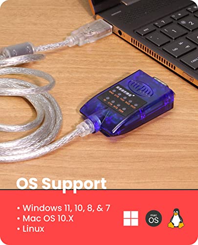 Gearmo USB to Serial RS-232 Adapter with LED Indicators, FTDI Chipset, Supports Windows 11/10/8.1/8/7/, Mac OS X 10.6 and Above