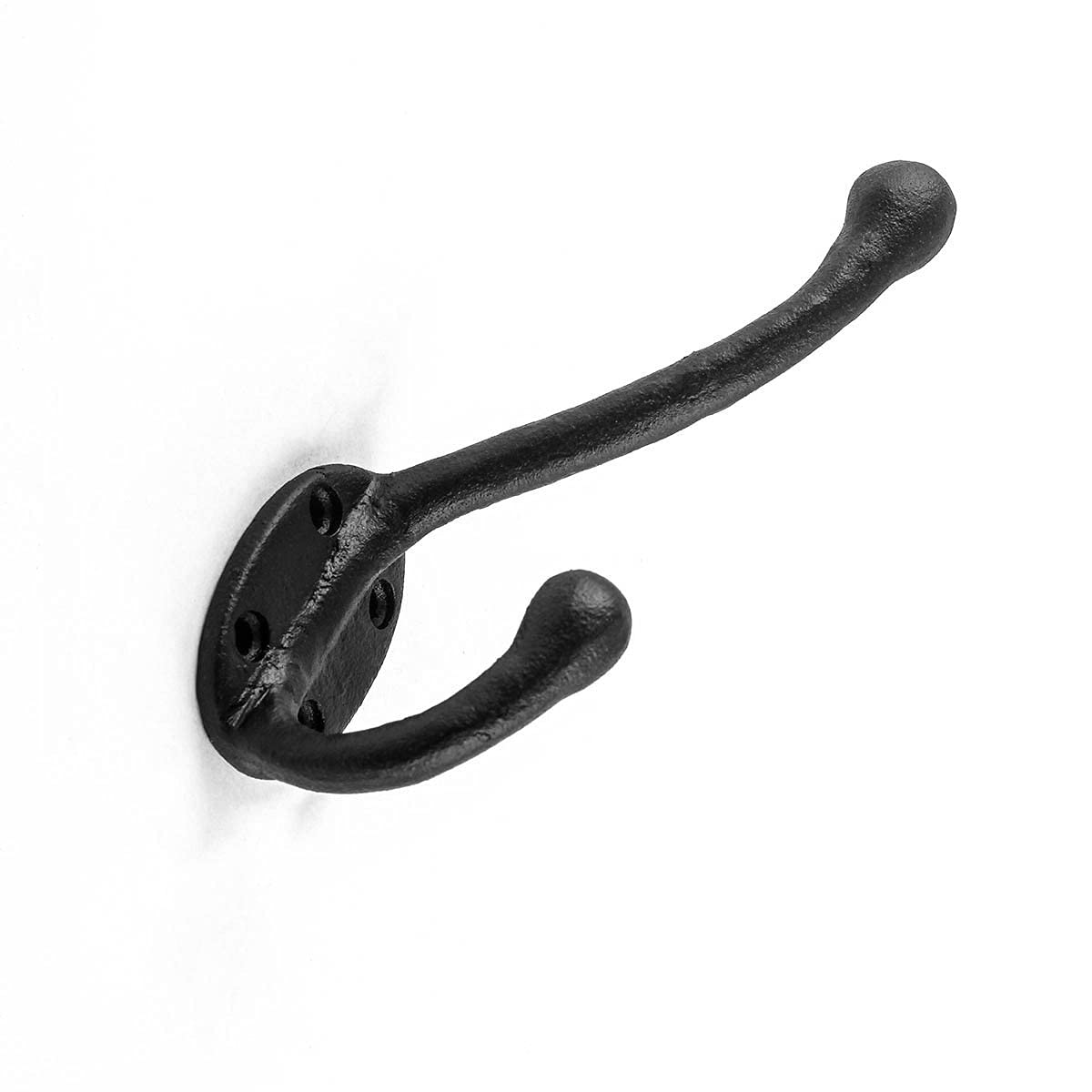 Renovators Supply Manufacturing Black Wrought Iron Robe and Coat Double Hooks 5 in. Long Rustic Entry Way Hat or Jacket Hanger Wall Mount Rust Resistant Bathroom Towel Hooks with Hardware