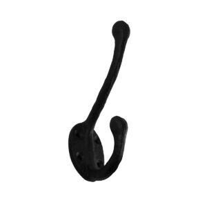 Renovators Supply Manufacturing Black Wrought Iron Robe and Coat Double Hooks 5 in. Long Rustic Entry Way Hat or Jacket Hanger Wall Mount Rust Resistant Bathroom Towel Hooks with Hardware