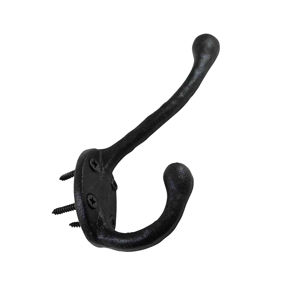 Renovators Supply Manufacturing Black Wrought Iron Robe and Coat Double Hooks 5 in. Long Rustic Entry Way Hat or Jacket Hanger Wall Mount Rust Resistant Bathroom Towel Hooks with Hardware