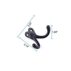 Renovators Supply Bathroom Hooks 2 in. Black Cast Iron Wall Mount Double Hooks for Hanging Robe, Towel, Hat, with Mounting Hardware