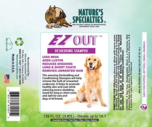 Nature's Specialties EZ Out Deshedding Ultra Concentrated Dog Shampoo for Pets, Makes up to 4 Gallons, Natural Choice for Professional Groomers, Removes Unwanted Hair, Made in USA, 32 oz