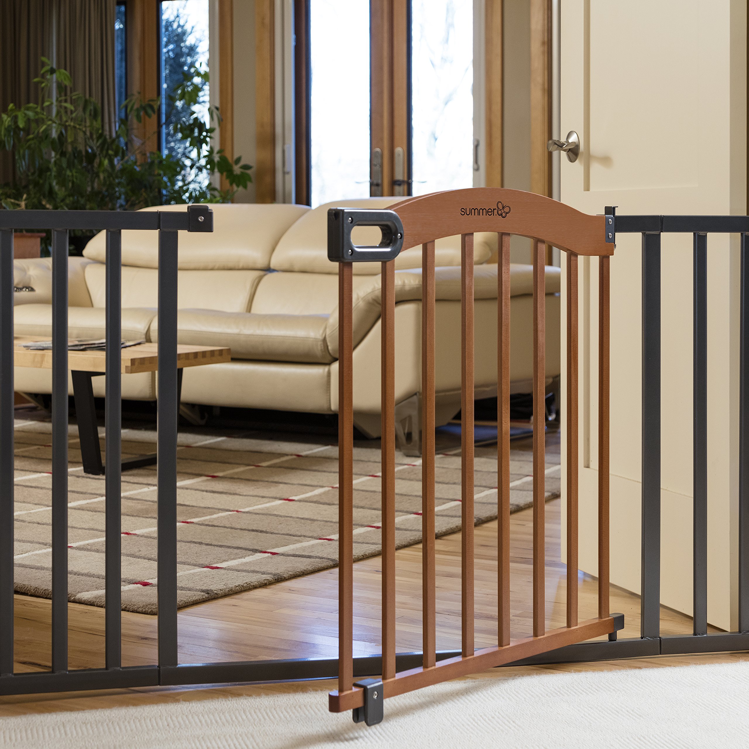 Summer Decorative Wood & Metal Safety Baby Gate, New Zealand Pine Wood and a Slate Metal Finish - 32” Tall, Fits Openings up to 36” to 60” Wide, Baby and Pet Gate for Doorways