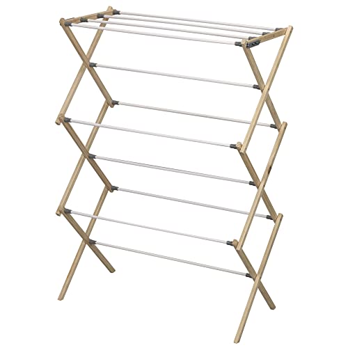 Household Essentials X-Frame Clothes Drying Rack, Stabile Wood Frame with Slanted Feet, Smooth Vinyl Wrapped Rods, 23.8 Feet of Hanging Space, Ready to Assemble, Flat Top, Natural