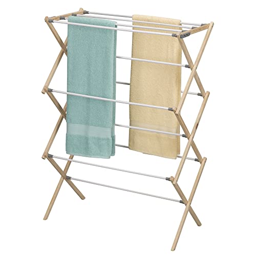 Household Essentials X-Frame Clothes Drying Rack, Stabile Wood Frame with Slanted Feet, Smooth Vinyl Wrapped Rods, 23.8 Feet of Hanging Space, Ready to Assemble, Flat Top, Natural