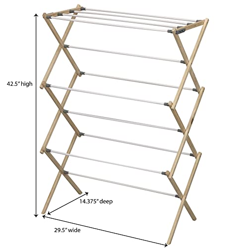 Household Essentials X-Frame Clothes Drying Rack, Stabile Wood Frame with Slanted Feet, Smooth Vinyl Wrapped Rods, 23.8 Feet of Hanging Space, Ready to Assemble, Flat Top, Natural