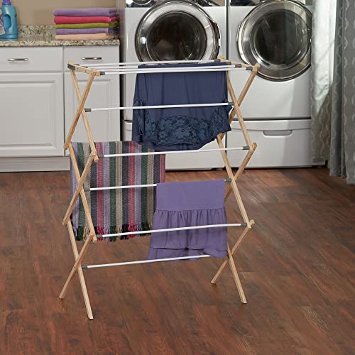 Household Essentials X-Frame Clothes Drying Rack, Stabile Wood Frame with Slanted Feet, Smooth Vinyl Wrapped Rods, 23.8 Feet of Hanging Space, Ready to Assemble, Flat Top, Natural