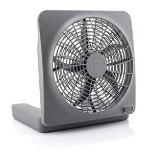 treva 10-inch portable desktop air circulation battery fan, 2 speed, compact folding & tilt design, with ac adapter (graphite)