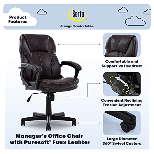 Serta Manager Office, Ergonomic Computer Chair with Layered Body Pillows Contoured Lumbar Zone, Faux Leather, Roasted Chestnut Brown