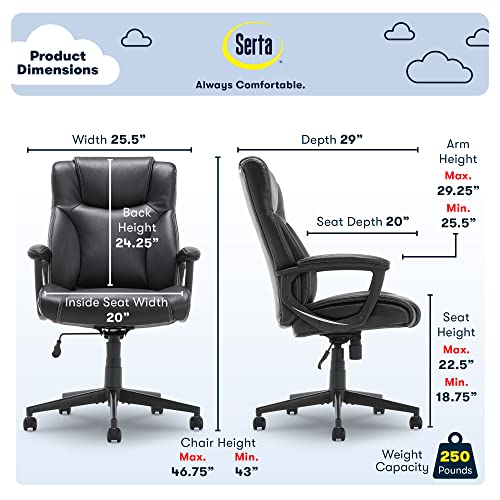 Serta Executive High Back Office Chair with Lumbar Support Ergonomic Upholstered Swivel Gaming Friendly Design, Bonded Leather, Black