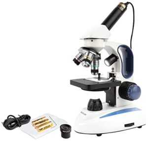 amscope m158c-2l-e1 digital cordless compound monocular microscope, wf10x and wf25x eyepieces, 40x-1000x magnification, upper and lower led illumination with rheostat, brightfield, single-lens condenser, coaxial coarse and fine focus, plain stage, 110v or