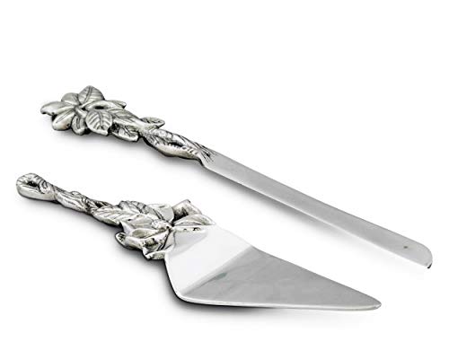 Arthur Court Designs Aluminum Magnolia Flower Cake Serving Knife and Pie Server Set Pair - Perfect for Spring Wedding Gift Knife 13 inch Server 11 inch Long