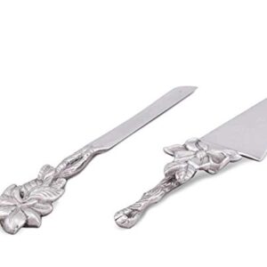 Arthur Court Designs Aluminum Magnolia Flower Cake Serving Knife and Pie Server Set Pair - Perfect for Spring Wedding Gift Knife 13 inch Server 11 inch Long