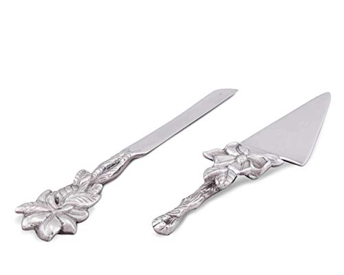 Arthur Court Designs Aluminum Magnolia Flower Cake Serving Knife and Pie Server Set Pair - Perfect for Spring Wedding Gift Knife 13 inch Server 11 inch Long