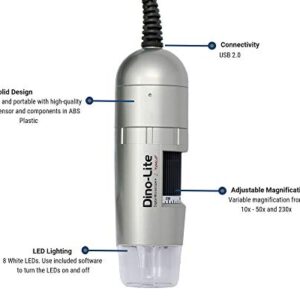 Dino-Lite USB Digital Microscope AM3111-0.3MP, 10x - 50x, 230x Optical Magnification, 8 LEDs