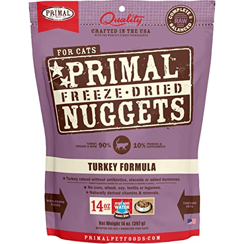 Primal Freeze Dried Cat Food Nuggets Turkey, Complete & Balanced Scoop & Serve Healthy Grain Free Raw Cat Food, Crafted in The USA (14 oz)